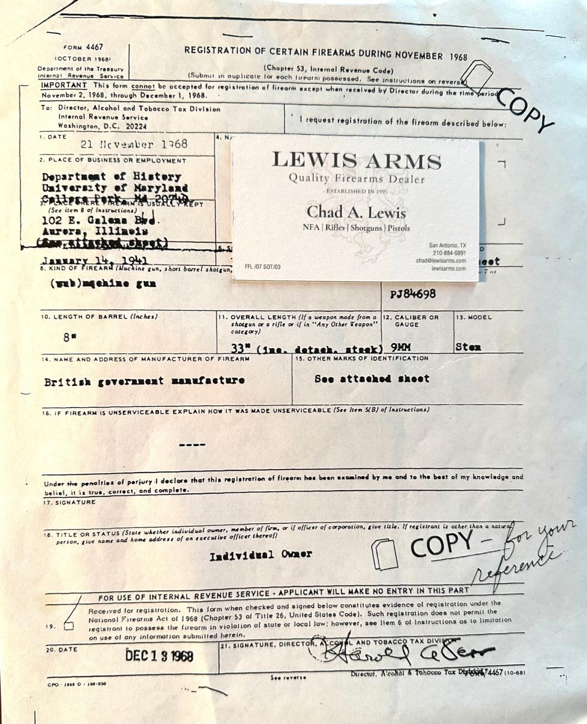 ***SPFs***STEN MK II British Government SECO w/ 1968 Amnesty Paperwork ...